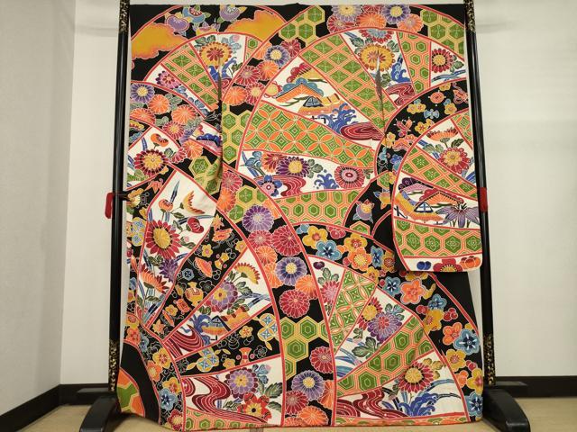 平和屋着物●豪華振袖　紅型　片輪車吉祥風景花文　黒地　正絹　逸品　AAAY9773ck