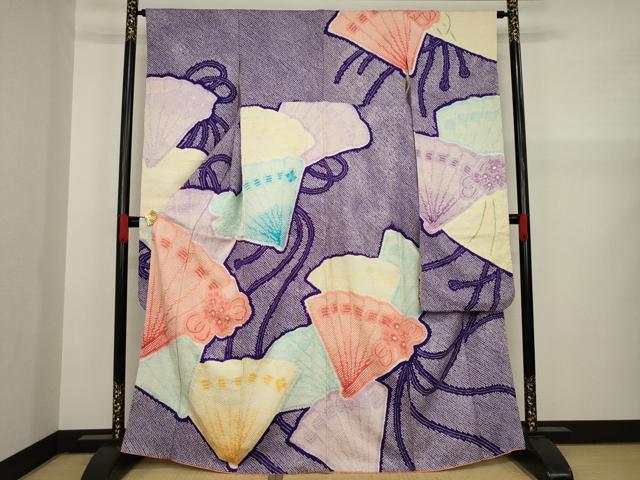 平和屋着物●豪華振袖　総絞り　舞扇花文　正絹　逸品　AAAY9794ck