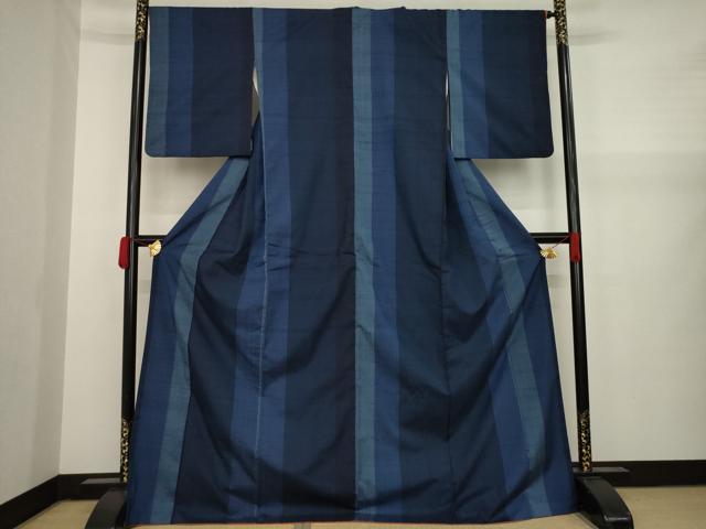 平和屋着物●上質な紬　魚　かつお縞　ロング丈　正絹　逸品　AAAY9808ck