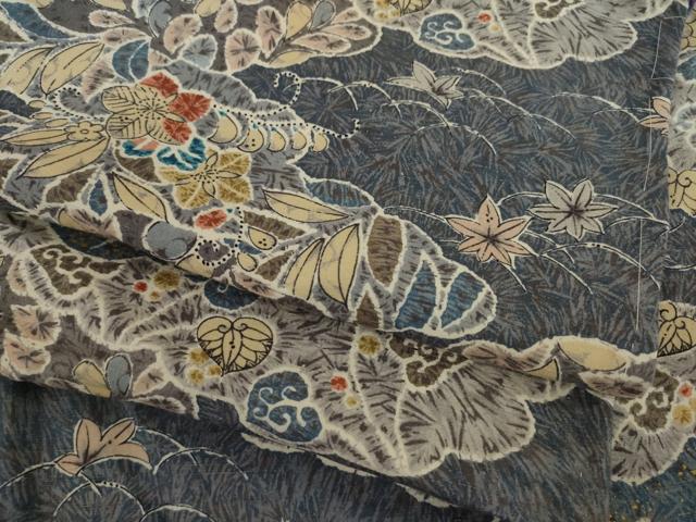 平和屋着物●上質な小紋　紬地　辻が花　雲重ね花文　金彩　正絹　逸品　AAAY9826ck