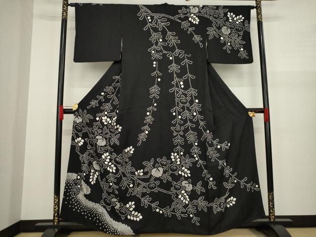 平和屋着物●訪問着　絞り　橘文　黒地　正絹　逸品　AAAY9863ck