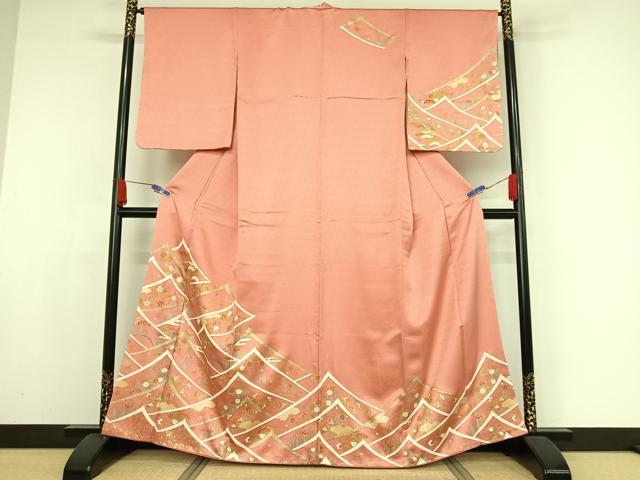 平和屋着物●訪問着　駒刺繍　遠山草花文　金糸　金彩　正絹　逸品　AAAY9885np