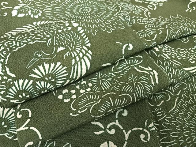 平和屋着物●上質な小紋　型染め　鶴丸文　菊草花　鬼しぼ縮緬　正絹　逸品　AAAY9895np