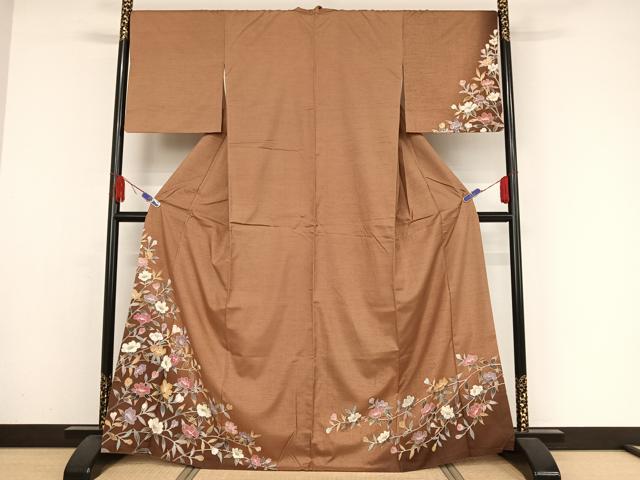 平和屋着物●訪問着　友禅　紬地　枝花文　暈し染め　金銀彩　正絹　逸品　AAAY9916np