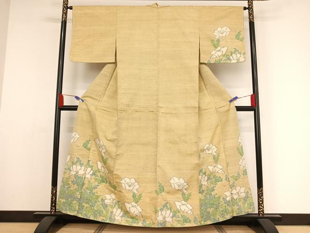 平和屋着物●小千谷紬　訪問着　草花文　正絹　逸品　AAAY9937np