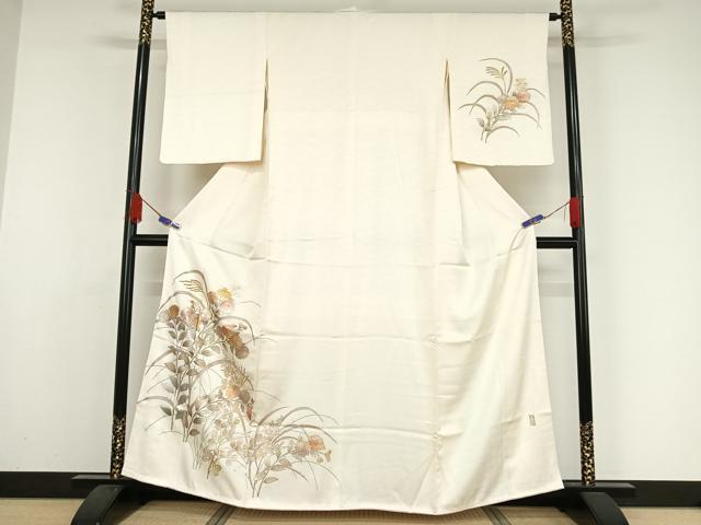 平和屋着物●金彩友禅　卓越技能者・名工・和田光正　訪問着　草花文　生成り色地　反端付き　正絹　逸品　AAAY9956np