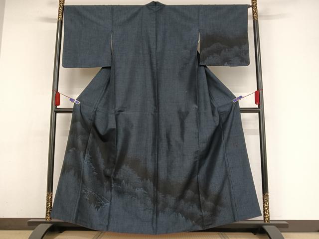 平和屋着物●結城紬　訪問着　作家物　龍雲　渡り橋風景文　正絹　逸品　AAAY9965np