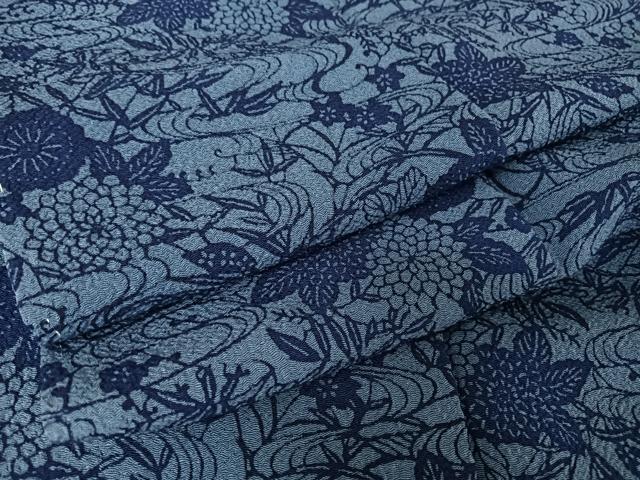 平和屋着物●本藍　型絵染　小紋　流水草花文　鬼しぼ縮緬　正絹　逸品　未使用　AAAY9969np