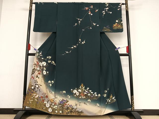 平和屋着物●訪問着　手描き　草花　褐返し色地　暈し染め　金銀彩　正絹　逸品　AAAY9991np