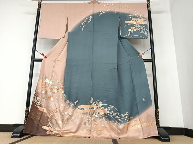 平和屋着物●訪問着　草木友禅　駒刺繍　流水松竹梅花文　暈し染め　金彩　正絹　逸品　AAAZ0018zg