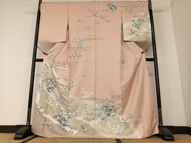 平和屋着物●訪問着　友禅　渡り橋松竹梅風景文　暈し染め　金彩　正絹　逸品　AAAZ0036zg