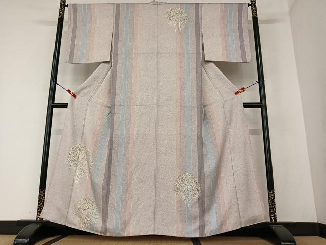 平和屋着物●訪問着　草木文　縞　正絹　逸品　AAAZ0041zg