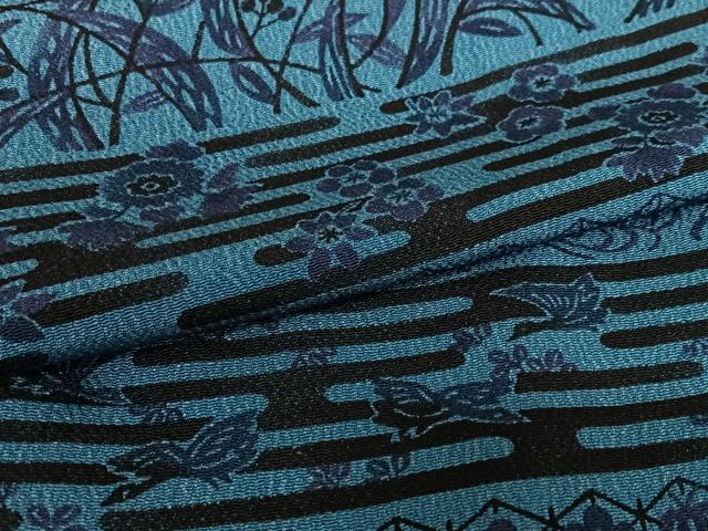 平和屋着物○上質な小紋 本藍 型絵染 横段花鳥文