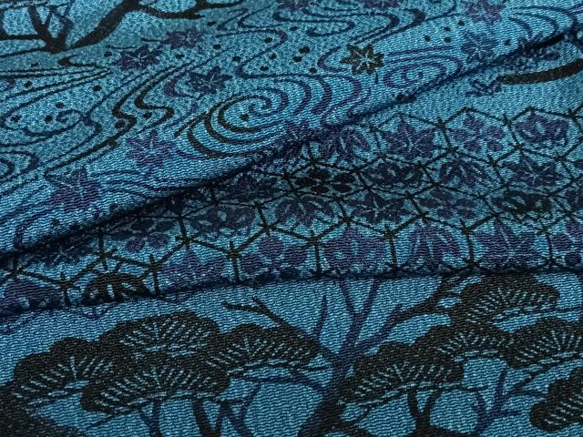 平和屋着物●上質な小紋　本藍　型絵染　横段花鳥文　鬼しぼ縮緬　正絹　逸品　AAAZ0188zg