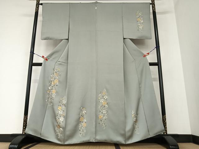 平和屋着物●訪問着　駒刺繍　草花文　金彩　正絹　逸品　AAAZ0214zg