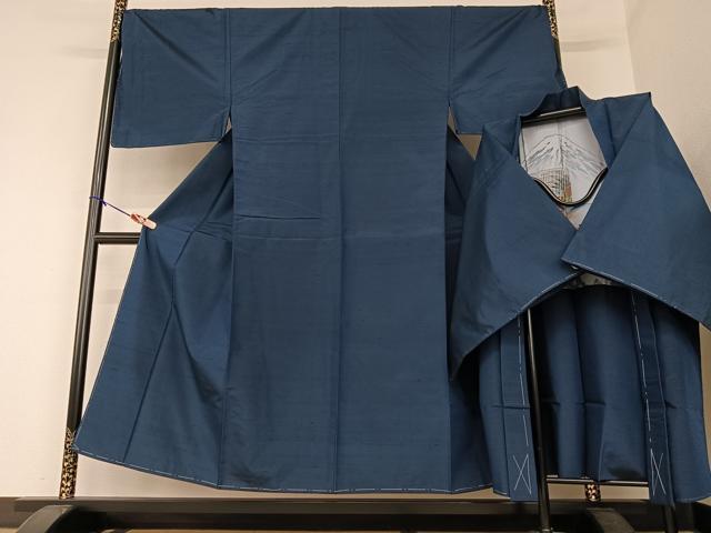 平和屋着物●男性　紬　アンサンブル　色無地　青褐色　キングサイズ　正絹　逸品　未使用　AAAZ0247zg