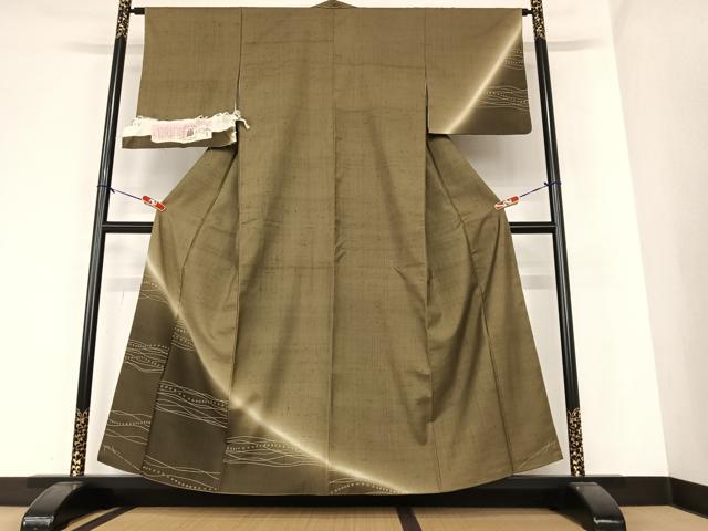 平和屋着物●吉志乃生紬　訪問着　作家物　＆#32065；　段違い文　暈し染め　反端付き　正絹　逸品　AAAZ0271zg