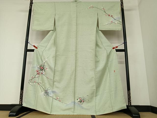 平和屋着物●訪問着　友禅　作家物　紬地　花籠文　正絹　逸品　AAAZ0281zg