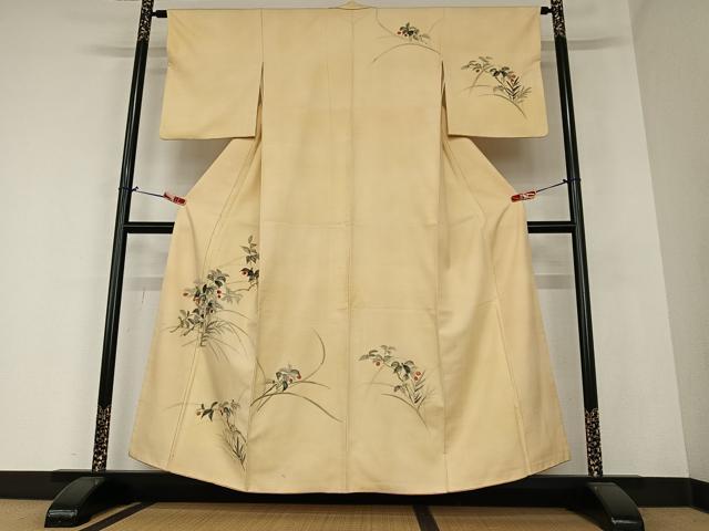 平和屋着物●訪問着　紬地　手描き　南天文　正絹　逸品　AAAZ0310zg