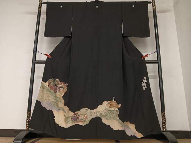 平和屋着物●友禅師・京の名工・伝統工芸士・樽本伊勢蔵　黒留袖　道長人物更紗花文　金銀彩　正絹　逸品　AAAZ0326zg