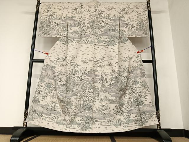 平和屋着物●本場染大島紬　訪問着　駒刺繍　松竹梅風景文　正絹　逸品　AAAZ0328zg