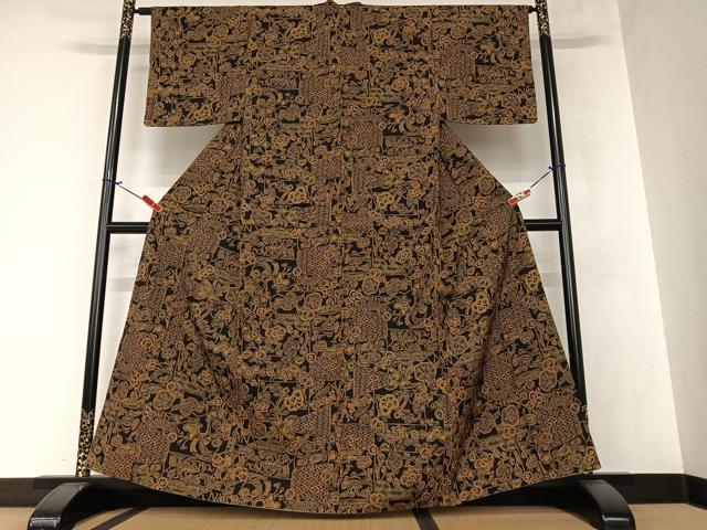 平和屋着物●上質な小紋　紬地　花唐草文　鹿　正絹　逸品　AAAZ0338zg 平和屋着物○上質な小紋 紬地 花唐草文 鹿 正絹 逸品 AAAZ0338zg