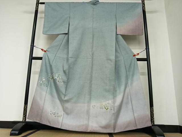 平和屋着物●訪問着　紬地　手描き　草花文　暈し染め　東急百貨店扱い　正絹　逸品　AAAZ0360zg