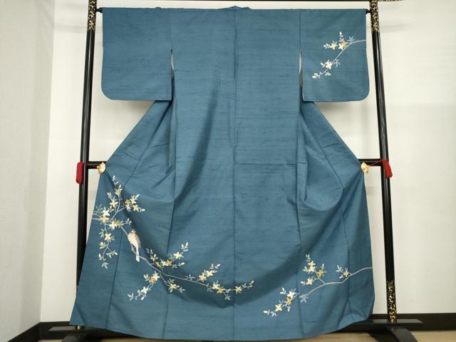 平和屋着物●訪問着　友禅　紬地　枝花に休み鳥　正絹　逸品　AAAZ0635ck