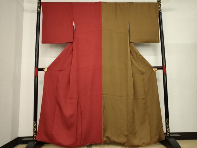 平和屋着物●希少　色無地　片身替わり　紅海老茶色×朽葉色　正絹　逸品　AAAZ0654ck
