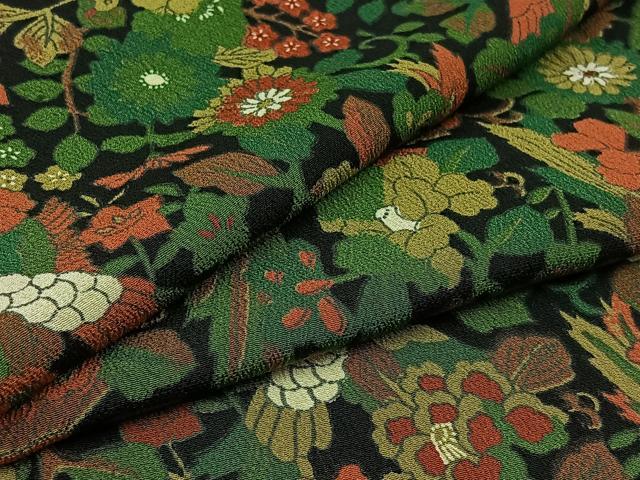 平和屋着物▽上質な小紋　単衣　更紗花鳥文　黒地　鬼しぼ縮緬　正絹　逸品　AAAZ0700jh