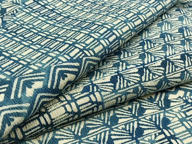 平和屋着物▽上質な小紋　単衣　型染め　藍　幾何学文様　鬼しぼ縮緬　正絹　逸品　AAAZ0718jh