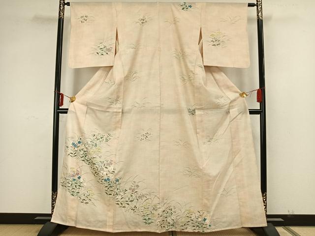 平和屋着物▽訪問着　単衣　紬地　草花文　正絹　逸品　AAAZ1393fy