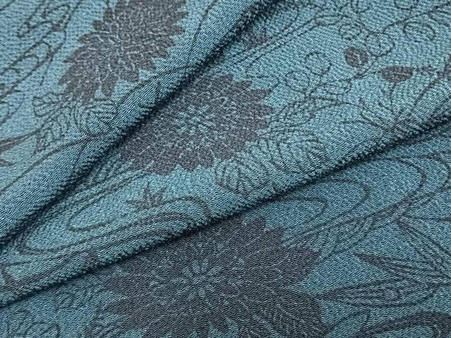 平和屋着物▽上質な小紋　単衣　藍　型染め　草花文　鬼しぼ縮緬　正絹　逸品　AAAZ1449fy