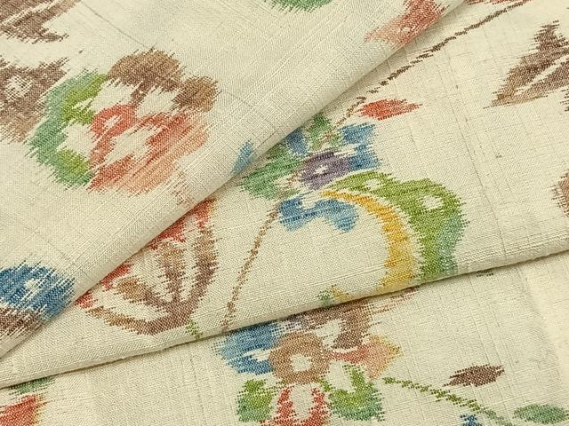 平和屋着物▽上質な紬　単衣　草花文　正絹　逸品　AAAZ1511fy