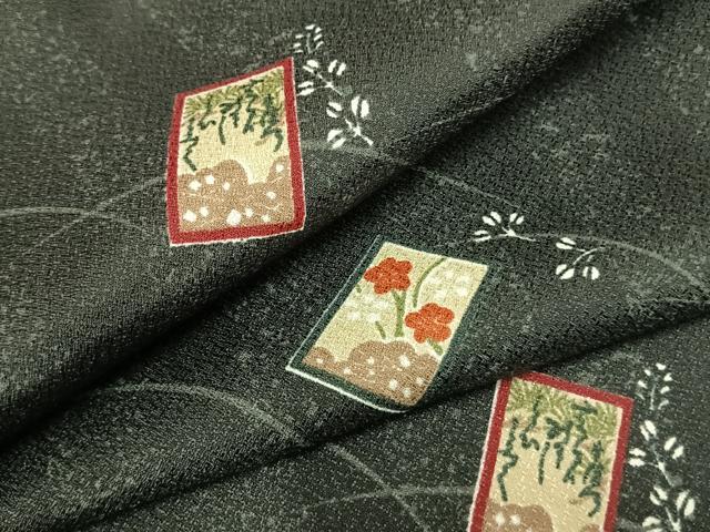 平和屋着物▽小紋　単衣　色紙草花文　黒地　洗える着物　AAAZ1532fy