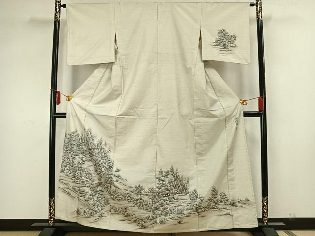 平和屋着物▽訪問着　単衣　本場縞大島紬　作家物　手描き　風景文　暈し染め　正絹　逸品　AAAZ1582fy