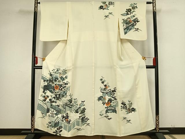 平和屋着物▽訪問着　単衣　刺繍　風景草花文　金彩　正絹　逸品　AAAZ1584fy