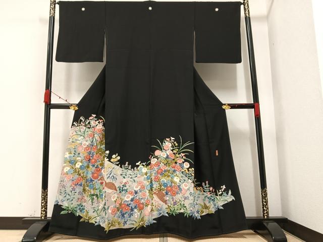 平和屋着物●本加賀友禅作家　奥原一就　黒留袖　花鳥文　正絹　逸品　AAAZ1775ph