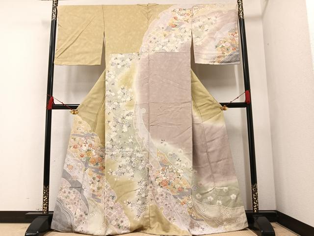 平和屋着物●訪問着　辻が花　駒刺繍　雪輪地紙草花文　暈し染め　金彩　正絹　逸品　AAAZ1932ph