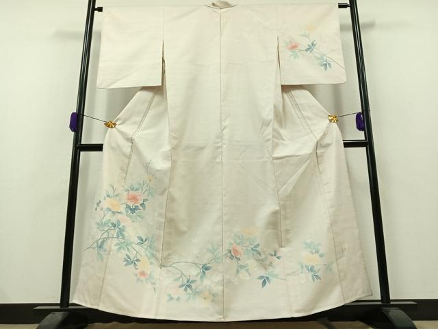 平和屋着物▽訪問着　単衣　紬地　枝花文　正絹　逸品　AAAZ2328jh