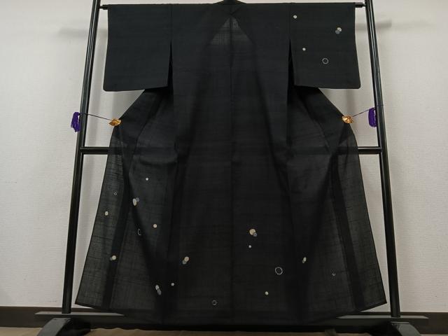 平和屋着物▽訪問着　単衣　生紬　丸文　黒地　正絹　逸品　AAAZ2333jh