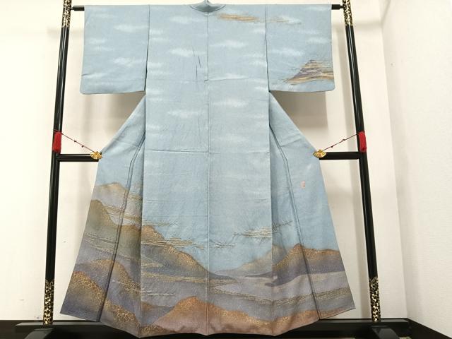 平和屋着物●越後十日町の一流染匠　桐屋・翠山工房　訪問着　絞り　重ね山霞文　金彩　正絹　逸品　AAAZ2384ph