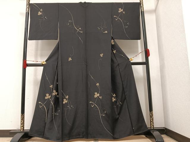 平和屋着物●上質な小紋　手描き　舞葉文　黒地　金彩　正絹　逸品　AAAZ2412ph