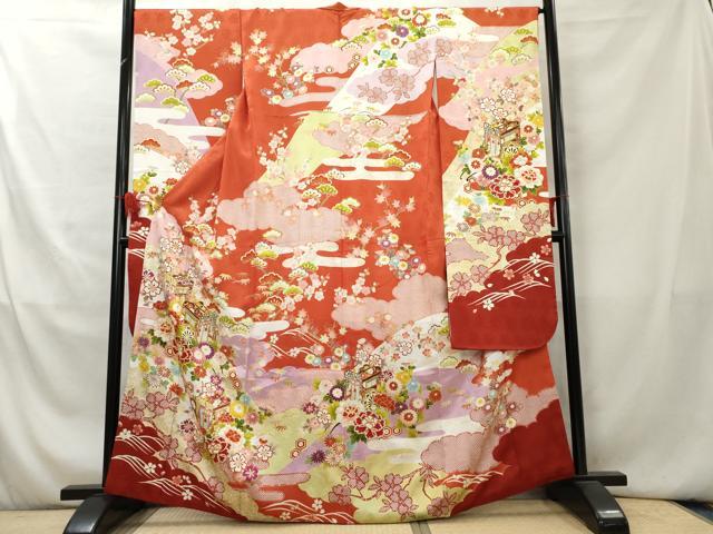 平和屋着物▼豪華振袖　駒刺繍　御所車松竹梅文　金彩　正絹　逸品　AAAZ2653cs