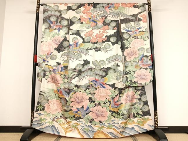 平和屋着物●紫綬褒章　巨匠『岩田専太郎』　振袖　駒刺繍　孔雀花文　金糸　金彩　正絹　逸品　AAAZ3017np