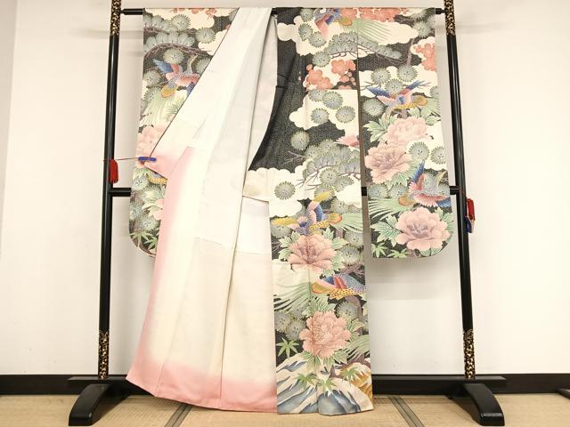 平和屋着物○紫綬褒章 巨匠『岩田専太郎』 振袖 駒刺繍 御所車草花文 金彩
