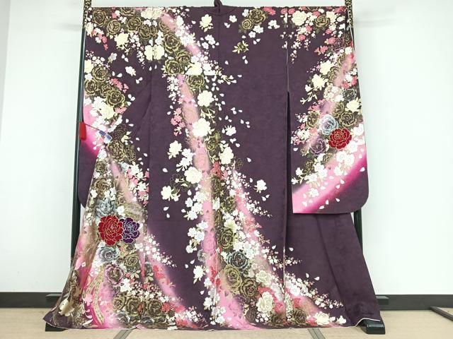 平和屋着物●ブライダルファッションデザイナー・桂由美　振袖　十日町　関芳　薔薇　暈し染め　金銀彩　反端付き　正絹　逸品　AAAZ3025np