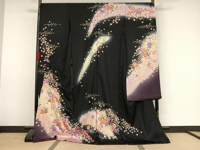 平和屋着物●豪華振袖　辻が花　雪輪　黒地　仮絵羽　逸品　未使用　AAAZ3089np
