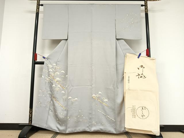 平和屋着物●銀座きしや　訪問着　駒刺繍　松に藤花房　金糸　金彩　たとう紙付き　正絹　逸品　AAAZ3102np