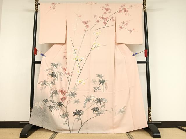平和屋着物●人間国宝・羽田登喜男　訪問着　枝梅に藤花房　反端付き　正絹　逸品　AAAZ3107np